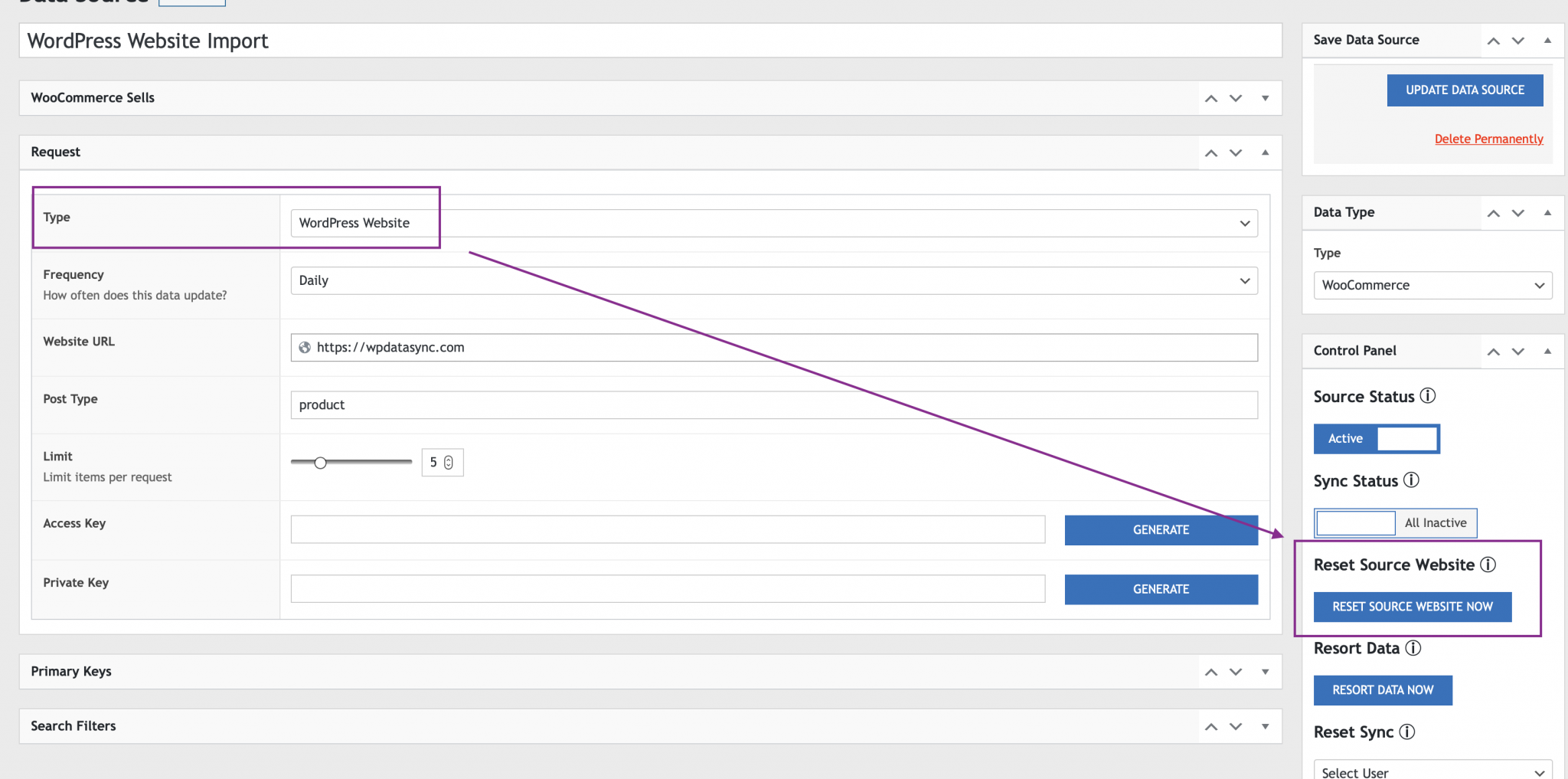 Reset Source Website - WP Data Sync